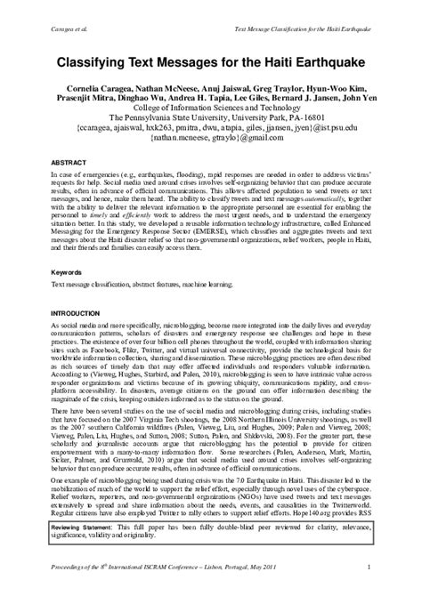 pdf classifying text messages for the haiti earthquake