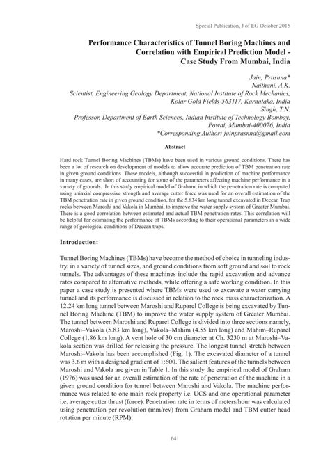 Pdf Performance Characteristics Of Tunnel Boring Machines And Correlation With Empirical