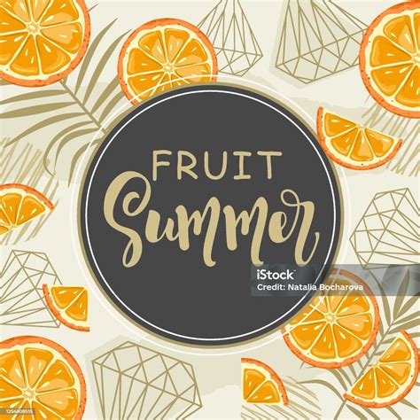 신선한 오렌지 열대 잎 꽃 슬라이스와 기하학엽 손 서예 과일 여름 라벨 배너 광고 요소 벡터 그림입니다 직물 종이 엽서 초대장 인쇄 0명에 대한 스톡 벡터 아트 및 기타