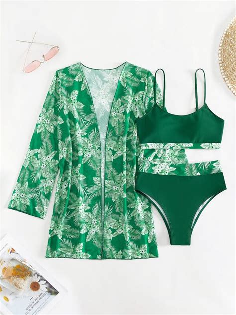 Shein Swim Vcay ملابس سباحة بيكيني بطباعة استوائية مع كيمونو شي إن