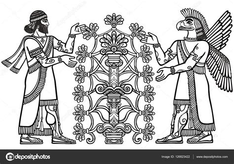 The Silhouette Of Assyrian Deities Collects Fruits From A Fantastic