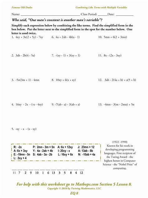 Combining Like Terms Equations Worksheet Chessmuseum Template Library