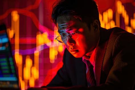 Premium Photo In A Dimly Lit Room A Businessman Studies A Laptop
