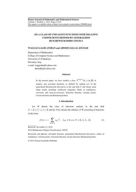 PDF ON A CLASS OF UNIVALENT FUNCTIONS WITH NEGATIVE COEFFICIENTS DEFINED BY GENERALIZED