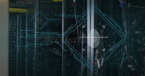 Animaton Of Interface With Biometric Fingerprint Scanner Against Computer Server Room Stock