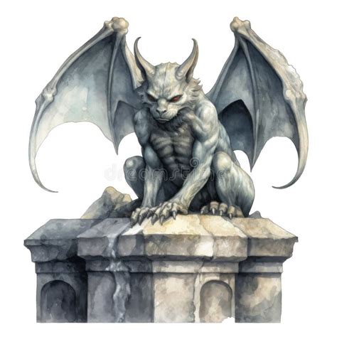 A Stone Gargoyle Sculpture With Wings Sitting On A Base Stock Image