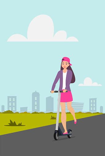 도시 거리에서 킥 스쿠터를 타는 귀여운 소녀 짧은 치마 재킷 야구 모자를 쓴 십 대 소녀가 스쿠터를 탄다 킥 스쿠터에 젊은