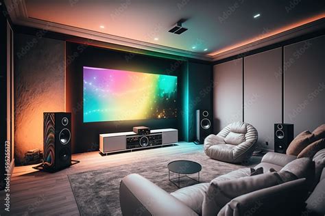 Luxurious Home Cinema Living Room With Colored Led Lighting Smart