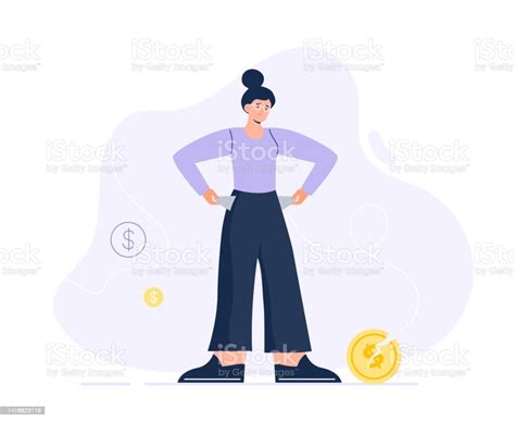 돈이 없습니다 파산 빈곤 경제 위기 및 재정적 어려움 한 여자가 빈 주머니를 꺼내고 있습니다 흰색 배경에 고립 된 벡터 플랫 일러스트레이션 개념에 대한 스톡 벡터 아트 및