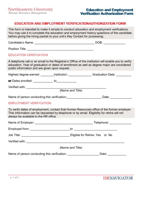 Fillable Education And Employment Verification Authorization Form