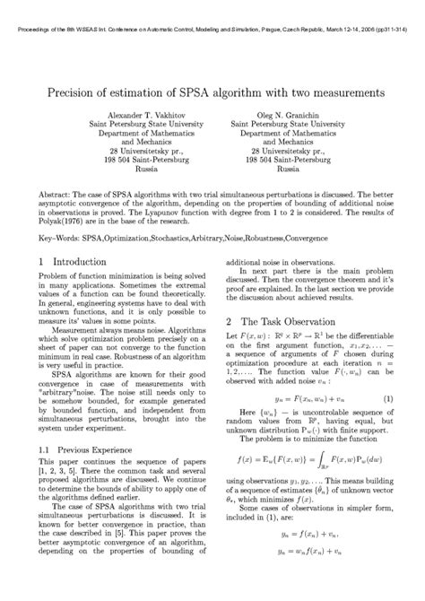 Pdf Precision Of Estimation Of Spsa Algorithm With Two Measurements