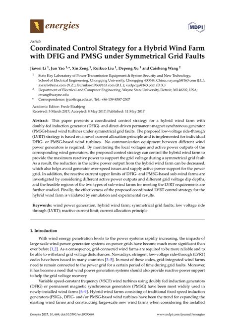 Pdf Coordinated Control Strategy For A Hybrid Wind Farm With Dfig And Pmsg Under Symmetrical