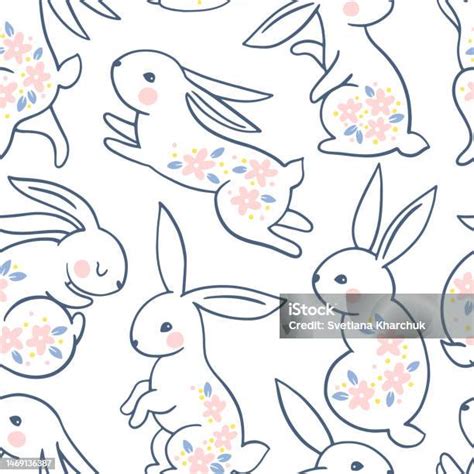 트렌디한 매끄러운 패턴 분홍색 꽃으로 칠해진 벡터에 토끼 토끼의 실루엣 라인 단색 리노 컷 흰색 배경입니다 숲 캐릭터의 손으로 그린 만화 그림 0명에 대한 스톡 벡터 아트