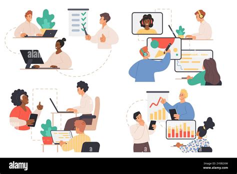 Company Workflow With Team Of Managers Set Office Teamwork