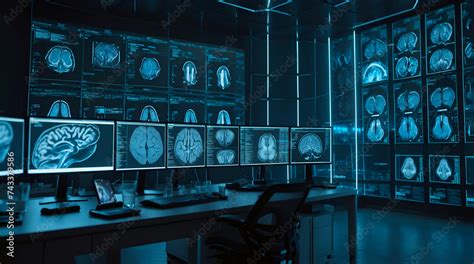 Stock Foto Modern Brain Study Laboratory And Monitors EEG Reading And Brain Model Functioning