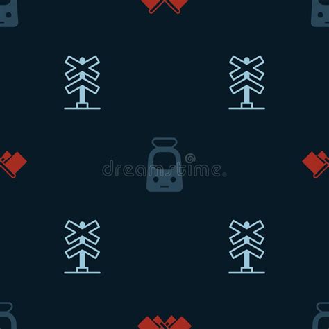 Set Flag Train And Railway And Railroad Crossing On Seamless Pattern