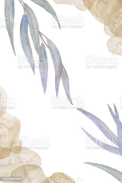 베이지 색과 자연스러운 색조의 추상적 인 요소를 가진 식물 수채화 벽 예술 포스터 미니멀 보호 스타일 손으로 그린 유칼립투스 가지와 지구 얼룩 스칸디나비아 모티프 0명에