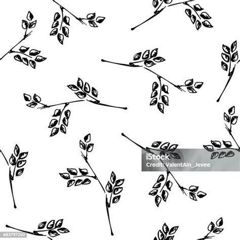 원활한 벡터 패턴 분기와 잎 손으로 그린 배경 손 밑그림 그리기입니다 낙서 스타일입니다 손으로 그린 패턴의 시리즈입니다 검은색에 대한 스톡 벡터 아트 및 기타 이미지