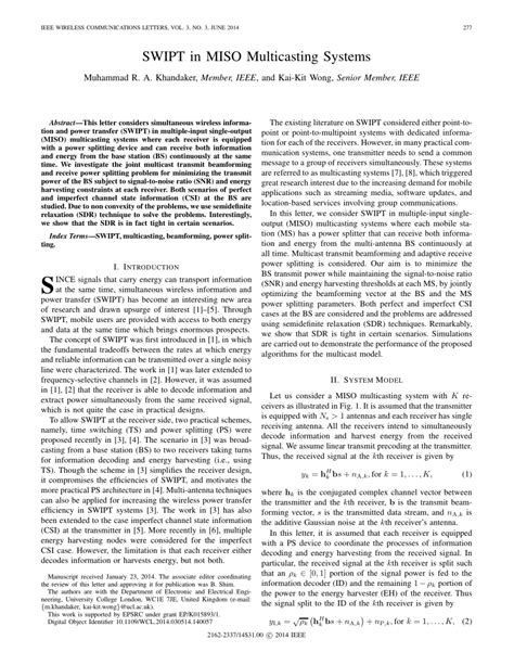 Pdf Swipt In Miso Multicasting Systems