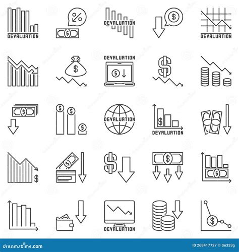 Devaluation Outline Icons Set Currency Depreciation Concept Symbols Stock Image Image Of