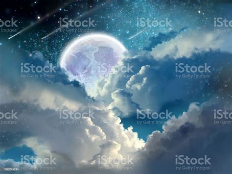 Full Moon And Shooting Stars In Starry Space Background Stock