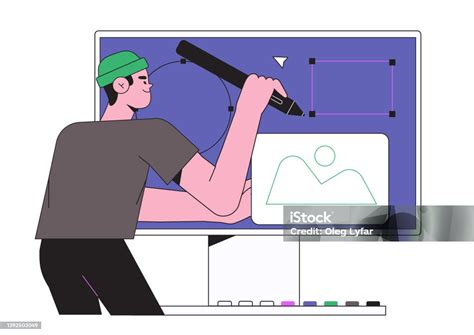 남자는 Ui Ux 디자인 프로젝트에 노력하고 있습니다 큰 연필 벡터 프로그래머에 디자이너 드로잉 Scetch 디자인 온라인 수업