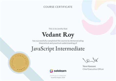 Completed Javascript Intermediate Course With Sololearn Vedant Roy