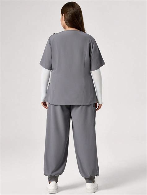 Shein Taskfit Plus Size Solid Color Short Sleeve Shirt And Pants