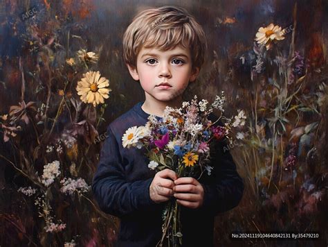 Ai创作图送花的小男孩 送花男孩素材 油画小孩 花下孩童 鲜花下的儿童 男孩与花 儿童与花草 唯美小男孩插画 超写实油画 花丛小朋友 人物风景花卉油画 油画肖像画 手绘仿真油画 欧美油画花