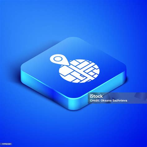 파란색 배경에 격리된 원근 아이콘의 맵 용지에 있는 등각 투영 자리 표시자입니다 파란색 사각형 버튼입니다 벡터 일러스트레이션 0명에 대한 스톡 벡터 아트 및 기타 이미지
