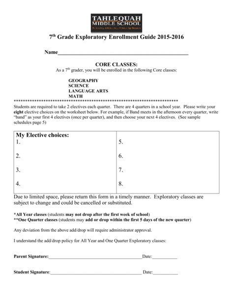 7th Grade Elective Sheet Tahlequah Public Schools