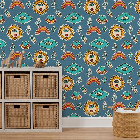 Groovy Cloud Sky Sun Rainbow Wallpaper Spoonflower