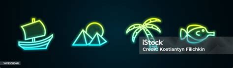 세트 라인 이집트 선박 피라미드 열대 야자수 및 나비 물고기 빛나는 네온 아이콘입니다 벡터 건축에 대한 스톡 벡터 아트 및 기타 이미지 Istock