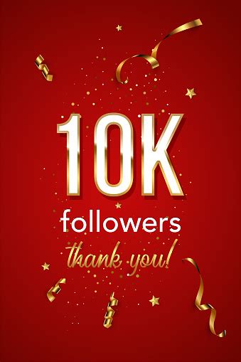 10000명의 팔로워 축하 세로 벡터 배너 소셜 미디어 업적 포스터 10k 추종자 감사합니다 편지 황금 반짝이는 색종이 리본