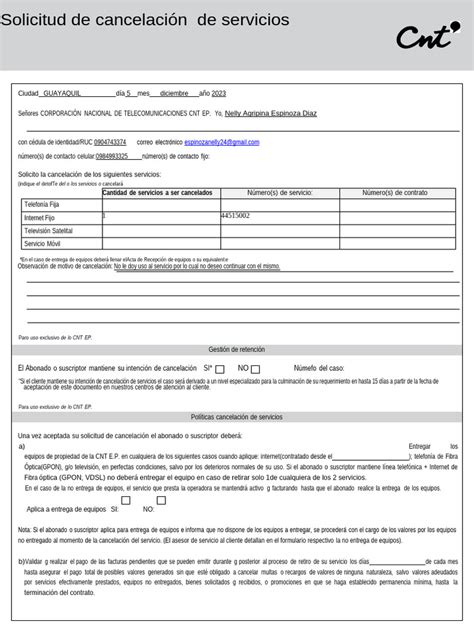 Solicitud De Cancelación De Servicios Cnt Pdf Internet Derecho