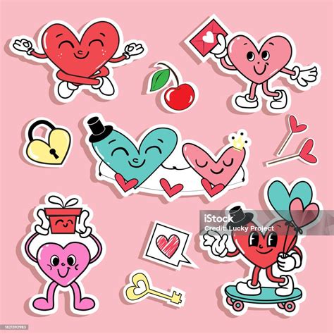 발렌타인 데이를 위한 히피 러브 세트 스티커 60년대 90년대의 트렌드 만화 캐릭터 행복한 마음 분홍색 배경에 벡터 일러스트 레이 션 개념에 대한 스톡 벡터 아트 및 기타