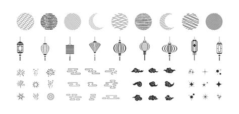 달 등불 불꽃 놀이 구름 별 반짝임 중국 새해 디자인 등불 축제 중추절 과 아시아 스타일의 검은 장식 요소 세트 벡터 그림입니다 Mid Autumn Festival에 대한