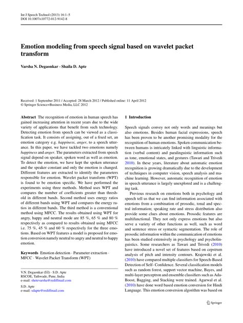 Pdf Emotion Modeling From Speech Signal Based On Wavelet Packet Transform