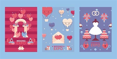 웨딩 엑스포 초대 벡터 일러스트레이션 플랫 스타일 광고 전단지 브로셔 커버 배너 세트 결혼식 아이콘과 사랑의 상징 개인 장식품에 대한 스톡 벡터 아트 및 기타 이미지