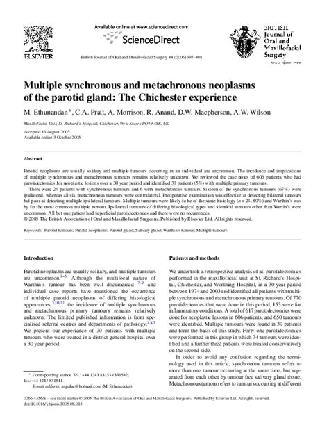 Pdf Multiple Synchronous And Metachronous Neoplasms Of The Parotid