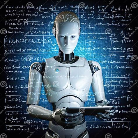 3d Rendering Humanoid Robot Using Tablet Computer With Mathematical Formulas On Background