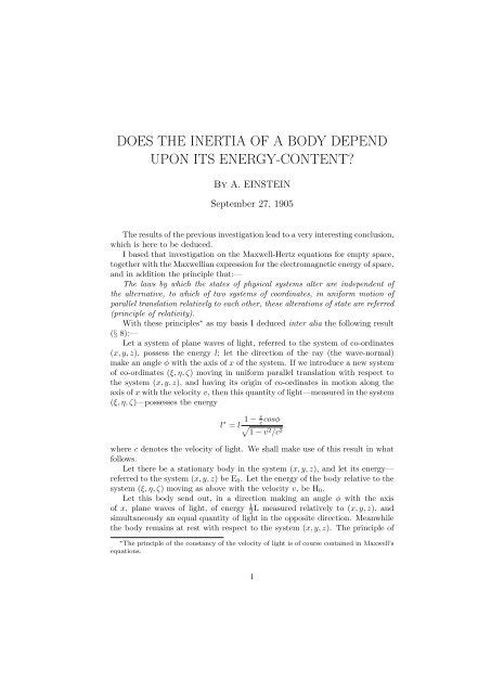 Does The Inertia Of A Body Depend Upon Its Energy Content