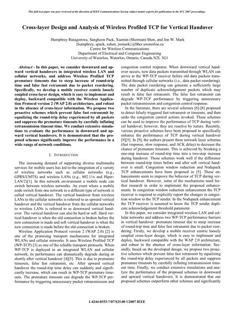 pdf cross layer design and analysis of wireless profiled tcp for