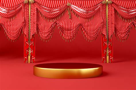골드 스테이지 포디움 또는 제품은 고급 컨셉으로 레드 배경에 서 있습니다 로얄 또는 시네마 프리젠 테이션 템플릿을위한 창조적 인 제품 선반 3d 렌더링 0명에 대한 스톡
