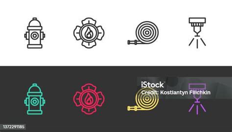 세트 라인 소화전 소방관 호스 릴 및 스프링클러 시스템을 흑백으로 설정합니다 벡터 검은색에 대한 스톡 벡터 아트 및 기타 이미지 검은색 관 튜브 구조 Istock