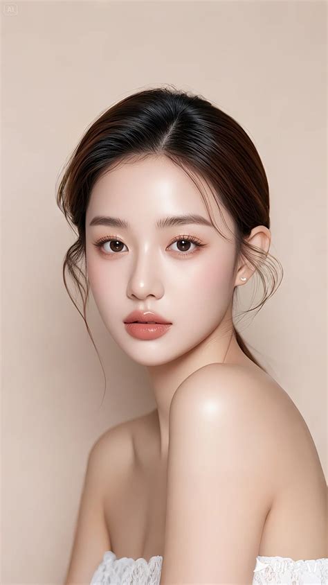 Jimeng 2025 06 05 548 美妆模特，高级幼态，高光皮肤，浅色背景，立体的五官，精致的妆容，水润嘴巴，超写实，逼真的细节刻画，最高质量，网红妆容，裸色，超写实，超细腻，露出完整