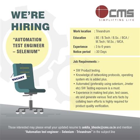 we are hiring an “automation test engineer selenium” for trivandrum location candidates with