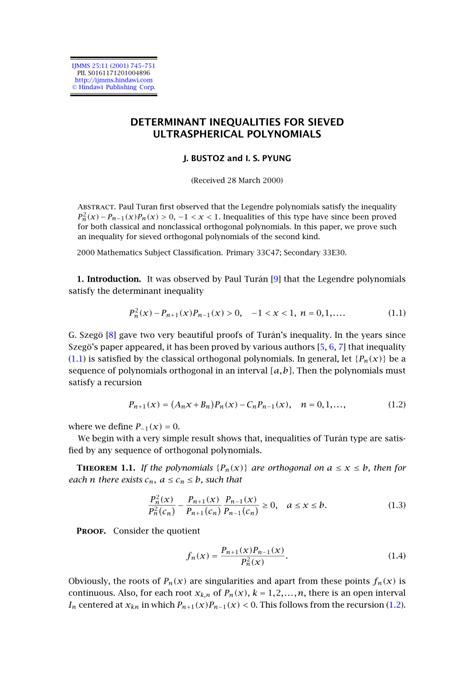 Pdf Determinant Inequalities For Sieved Ultraspherical Polynomials