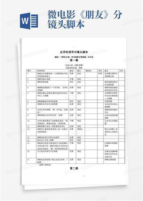 微电影朋友分镜头脚本Word模板下载 编号qvwwaxob 熊猫办公