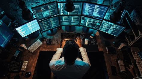 Intense Programmer Surrounded By A Cluster Of Computer Screens Working